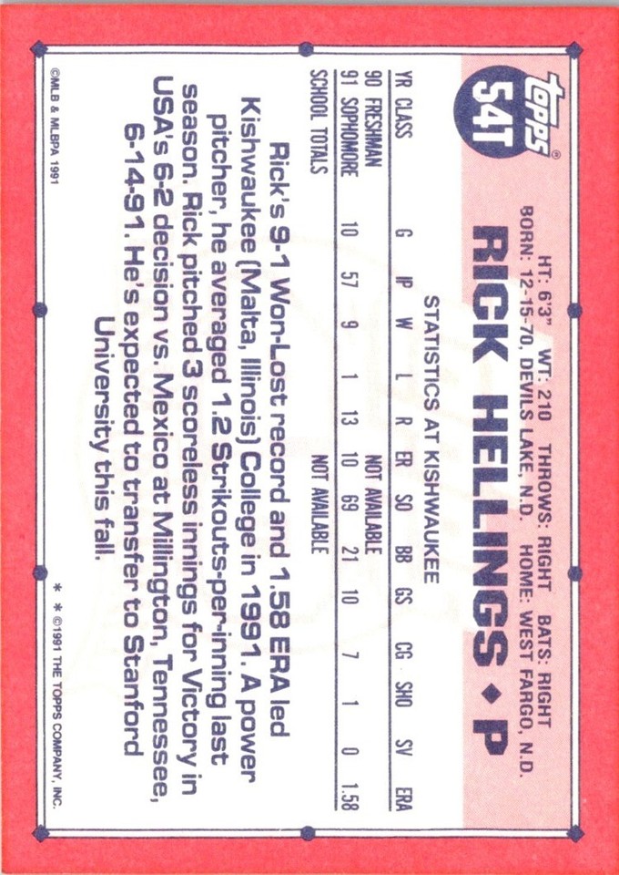 1991 Topps Traded Rick Helling #54T USA Baseball Card | eBay
