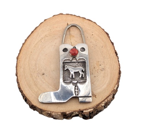Native American Sterling Silver Key Fob Coral Stone Western Cowboy Boot ...