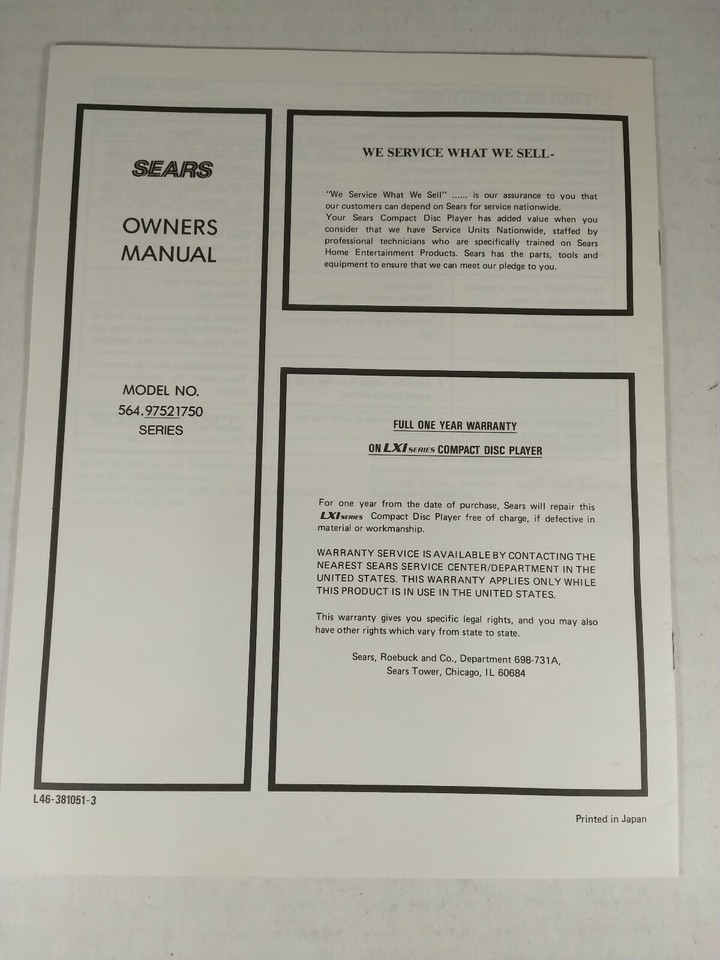 Sears LXI Series CD Player Model 564.97521750 Owners Manual | eBay