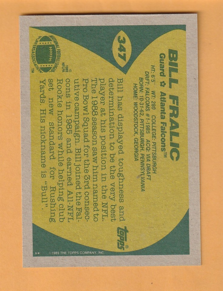 Bill Fralic Atlanta Falcons 1989 Topps #347 Pittsburgh Panthers 8O | eBay