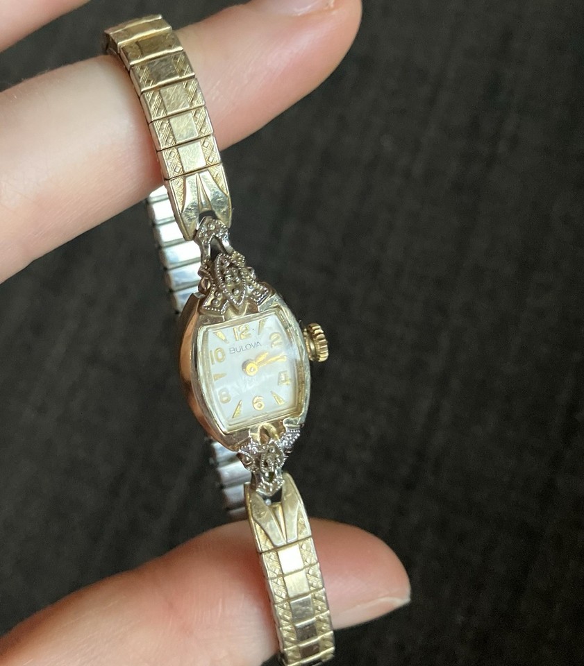 Vintage 10k RGP Bulova Ladies Watch, Stretch Band, Diamonds, NOT ...