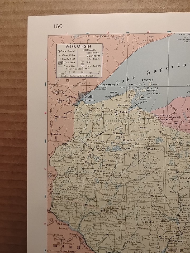 Old Vintage WISCONSIN Atlas Map 1961 MSM Life Pictorial Atlas of the ...