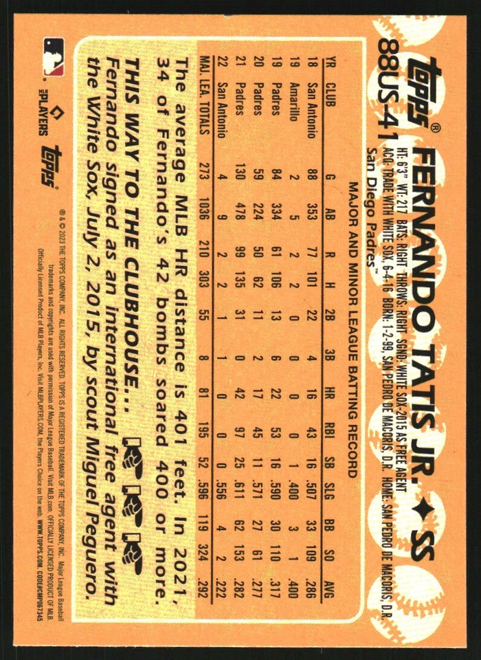 2023 Topps Update '88 Topps Baseball #88US41 Fernando Tatis Jr. | eBay