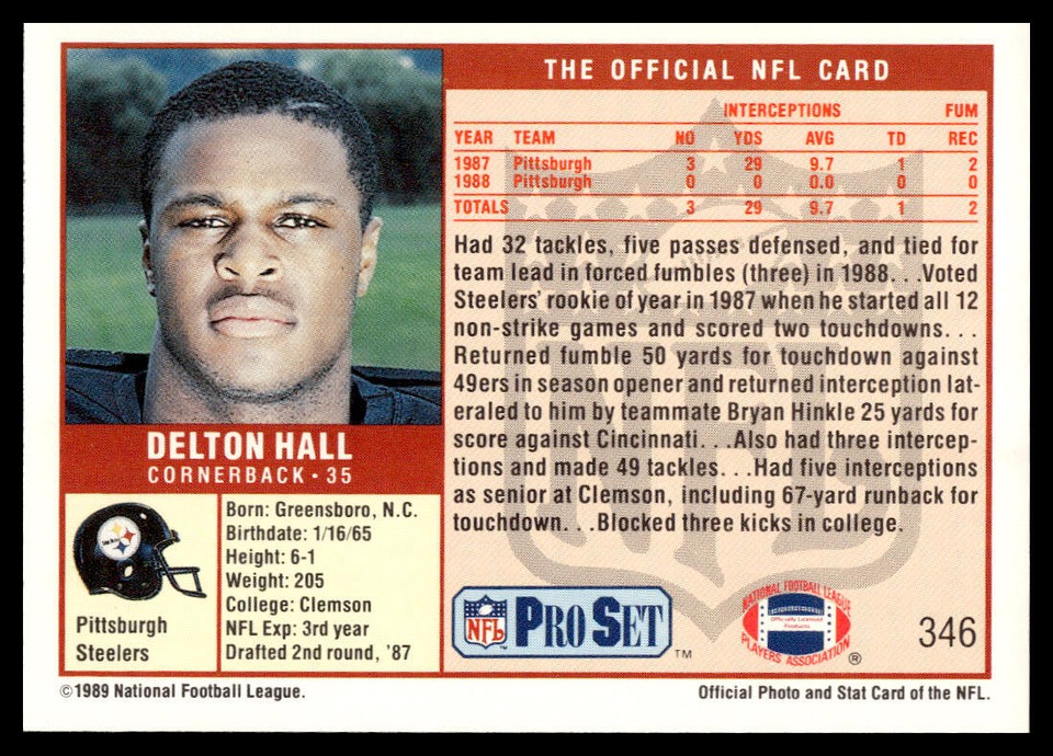 1989 Pro Set Delton Hall Rookie #346 Pittsburgh Steelers 93B | eBay