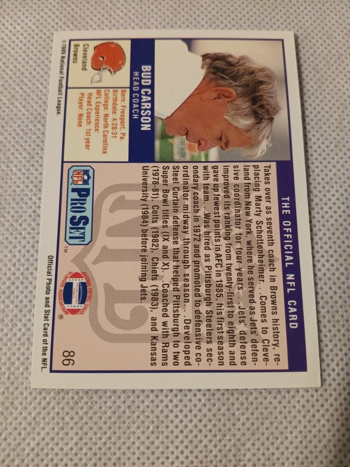 1989 BUD CARSON PRO SET NFL HEAD COACH ROOKIE CARD RC #86 CLEVELAND ...
