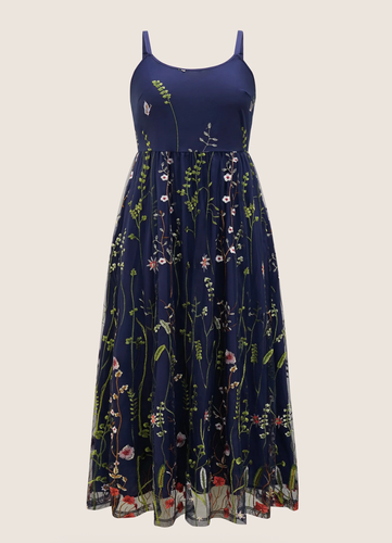 Bloom Chic | U Neck Floral Embroidered Mesh Cami Dress | Medium | eBay