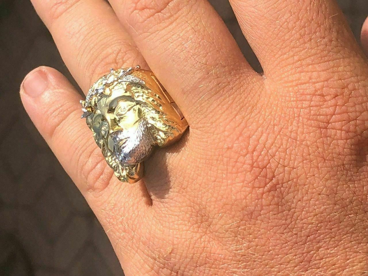 Men Real 14k Yellow Gold Plated Solid 925 Silver Jesus Face Ring ...