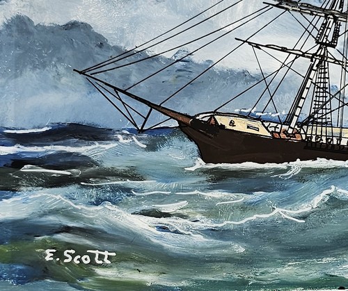 MINIATURE 3 MASTED SHIP IN STORM AT SEA REVERSE PAINTING EDWARD SCOTT ...