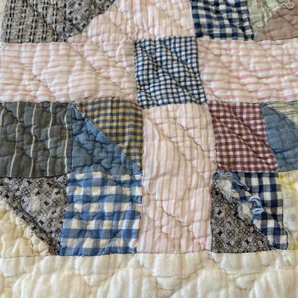 Vintage Quilt Handmade Cotton Patchwork Squares Triangles HEAVY 59 x 86 ...