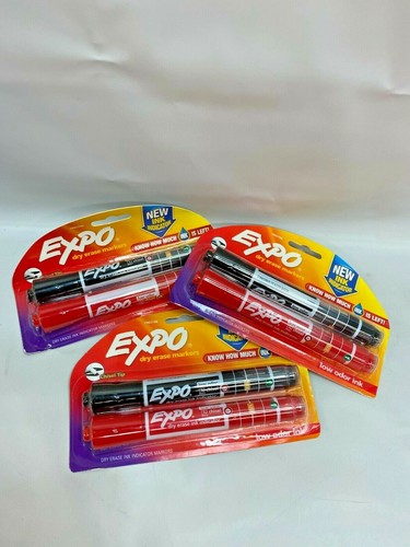 LOT OF 3, Expo Red& Black Ink, Low Odor, Chisel Tip, Expo Erase Marker ...
