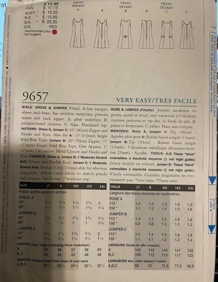 9657 Vintage Vogue for Me Girl's Dress & Jumper Sewing Pattern Sz. 7-10 ...