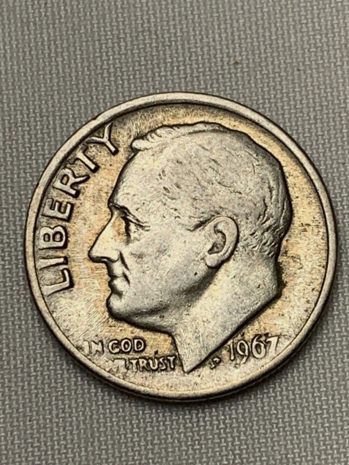 1967 ROOSVELT DIME, No Mint Mark,RIM IN GOD WE TRUST YEAR LIBERTY ERROR ...