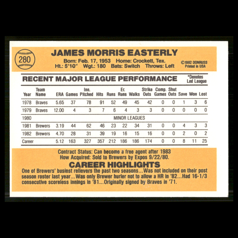 Jamie Easterly #280 1983 Donruss Milwaukee Brewers Baseball Card MLB | eBay