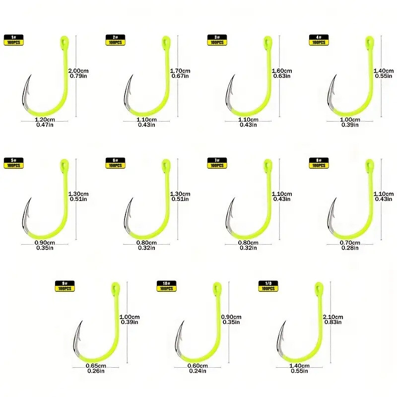 100PCS Fluorescent Fishing Hooks Barbed Single Circle Hook Hight Carbon ...