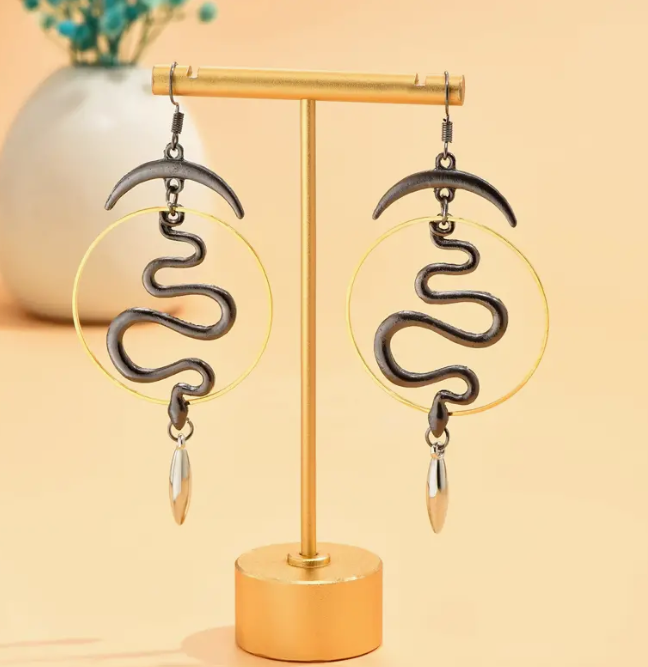 Boho Style - Moon & Snake Dangle Earrings - Light Weight - Statement Earrings | eBay