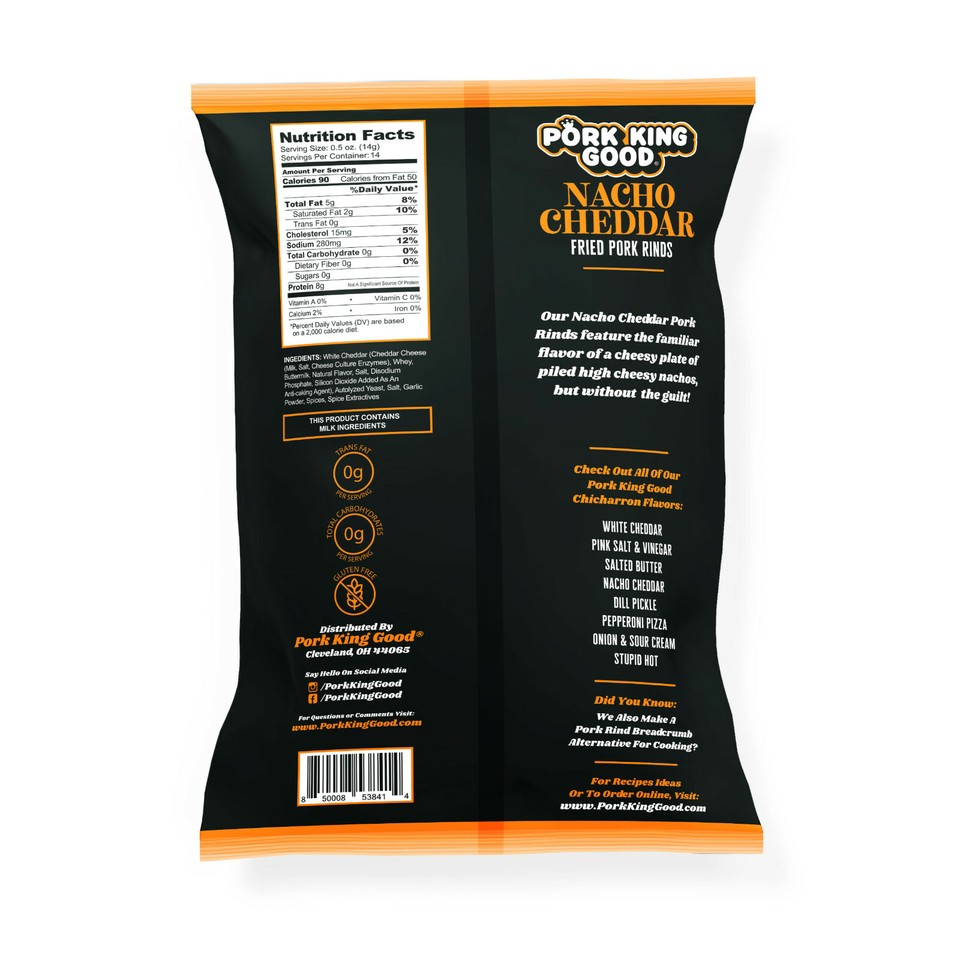 Pork King Good Nacho Cheddar Pork Rinds Chicharrones 7oz Family Size ...
