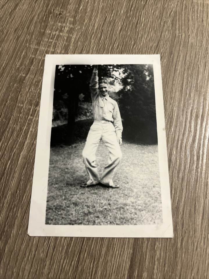 Vintage 1940s Found Photo Man in Military Uniform Funny Odd Pose WW2 ...