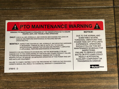 PTO maintenance "WARNING" decal. 3M material. New 3 1/2 in. X 7 in. | eBay