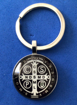 St BENEDICT KEYCHAIN Medal Protection Saint Metal Key Ring ITALY Black ...