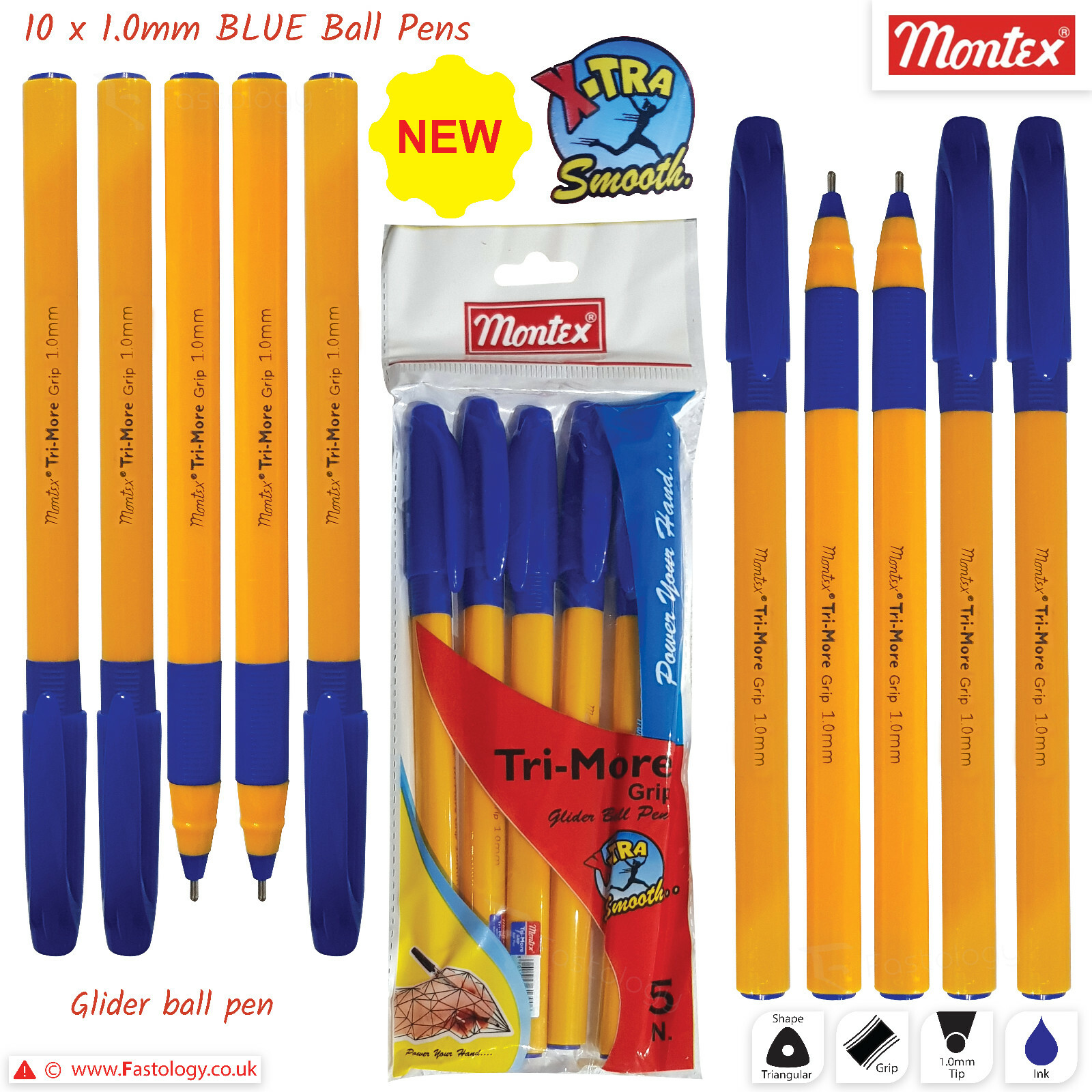 MONTEX Tri-More 1.0mm Medium x5 x10 BLACK BLUE Smooth Ballpoint Pens ...