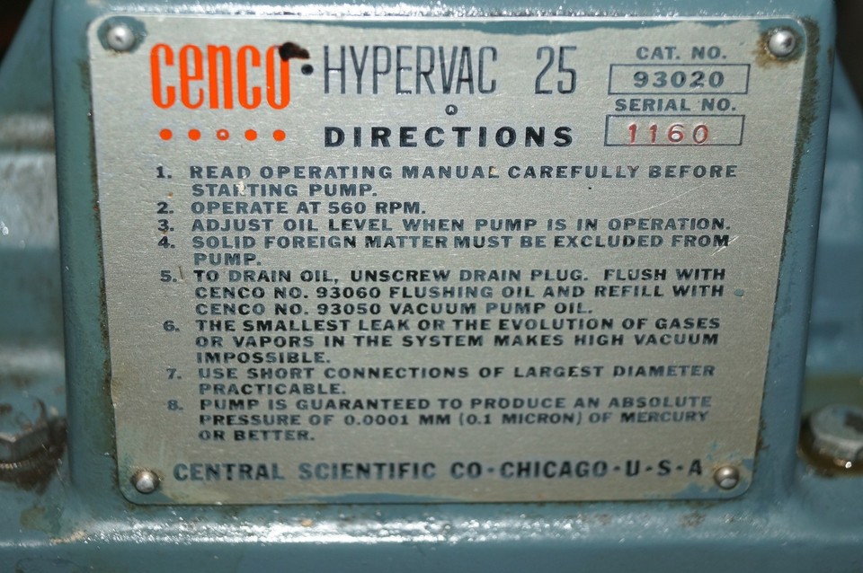 Central Scientific Co Cenco Hypervac 25 vacuum pump 93020 | eBay