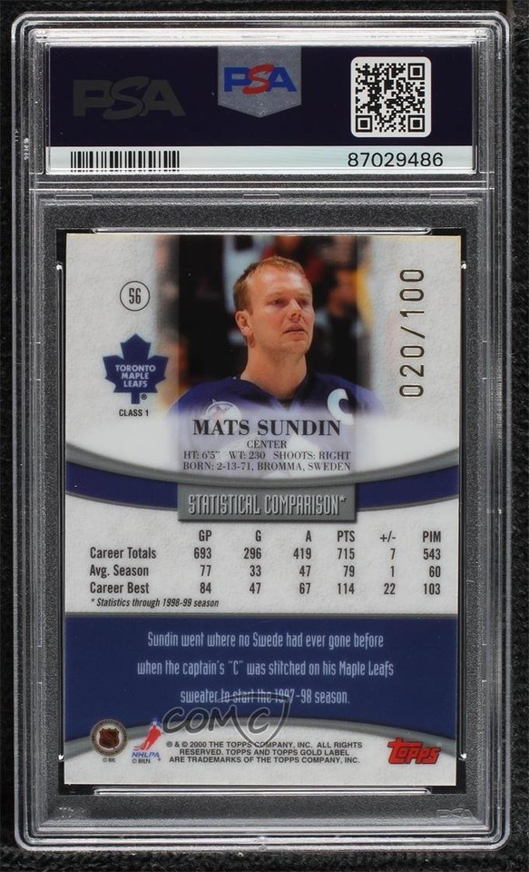1999-00 Topps Gold Label Class 1 Red /100 Mats Sundin #56 PSA 9 MINT ...