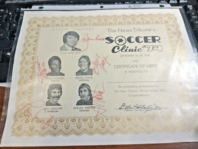 1974 Seattle Sounders Autograph Soccer Clinic Certificate John Best ...