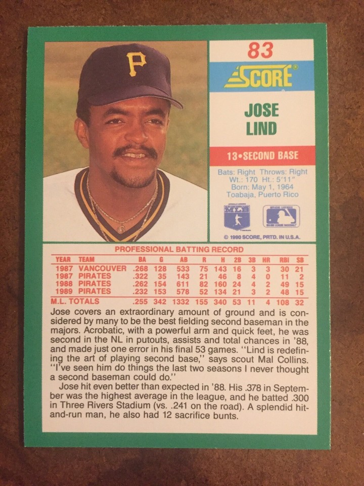 Jose Lind 83 Score 1990 MLB Baseball Trading Card | eBay