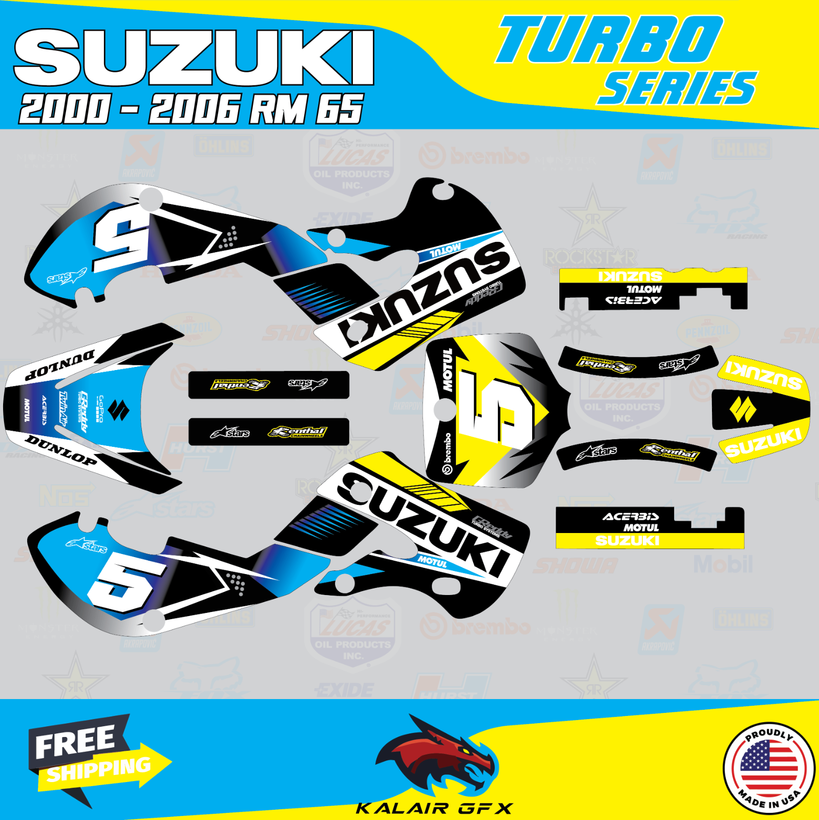Graphics Kit for Suzuki RM65 years 2000 to 2006 RM 65 Turbo Ser ...