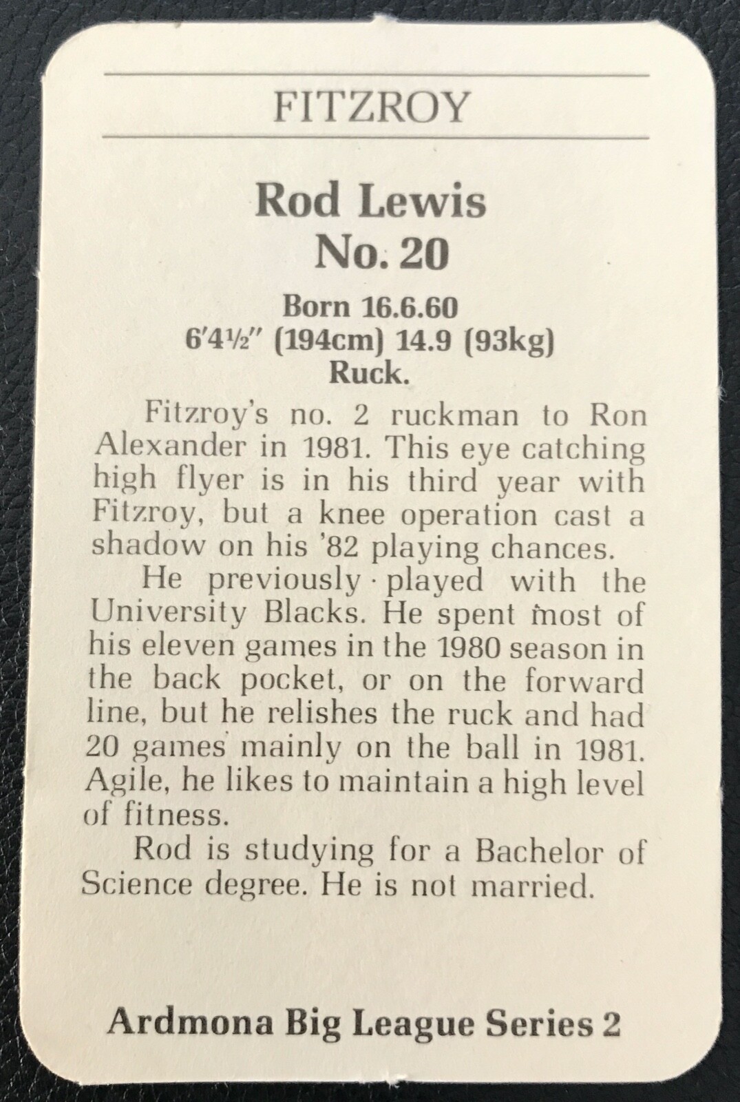 SCARCE 1982 ARDMONA S2 VFL CARD FEATURING ROD LEWIS FITZROY | eBay