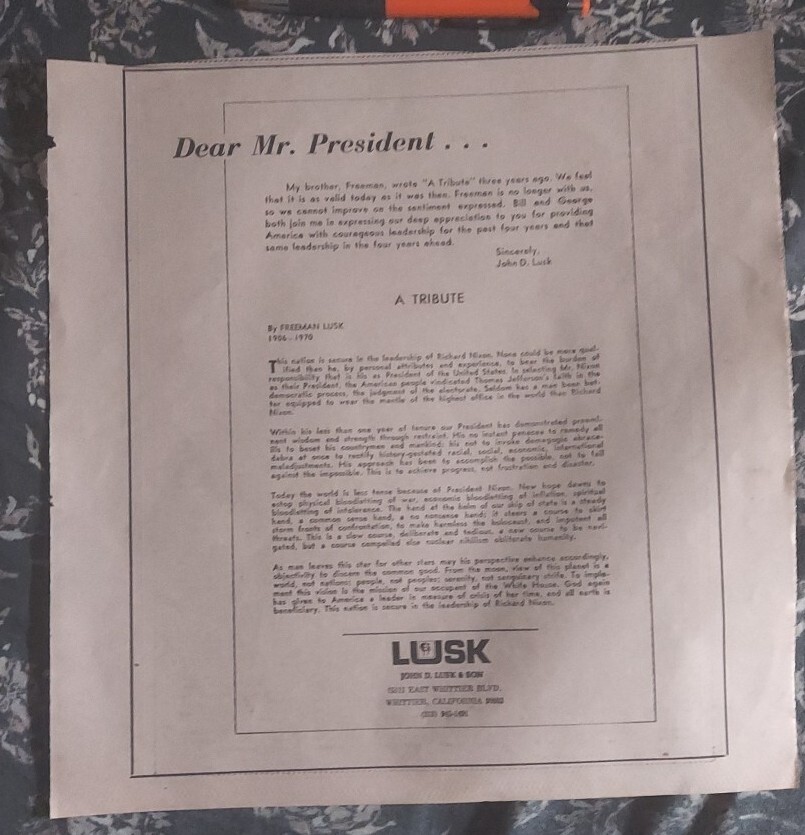 1973 print ad-John D Lusk & Son-Whittier-Tribute 2 Richard M Nixon ...