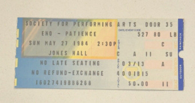 5/27/84 Eno Patience Music Concert Show Ticket Stub Jones Hall Houston ...