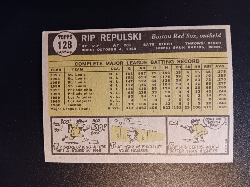 Set Break 1961 Topps Vintage Baseball VG-EX #128 Rip Repulski Boston ...