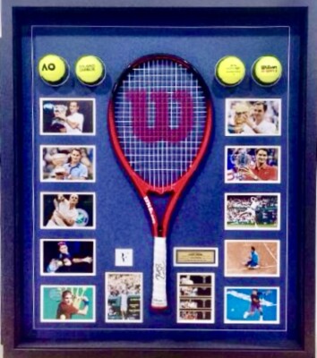 ROGER FEDERER Signed Tennis Racquet & Photos/Grand Slam Balls Collage ...