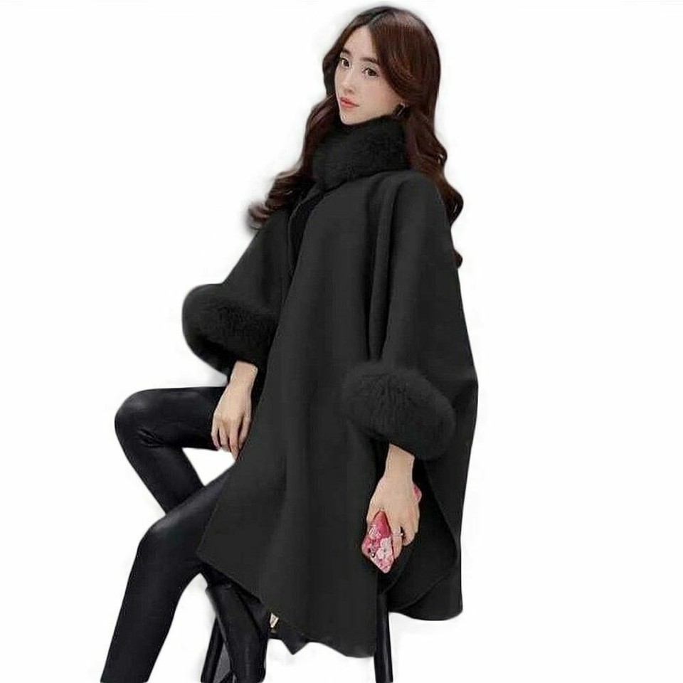 Women's Flare Sleeve Faux Fox Fur Collar Winter Cloak Cape Coat Poncho ...