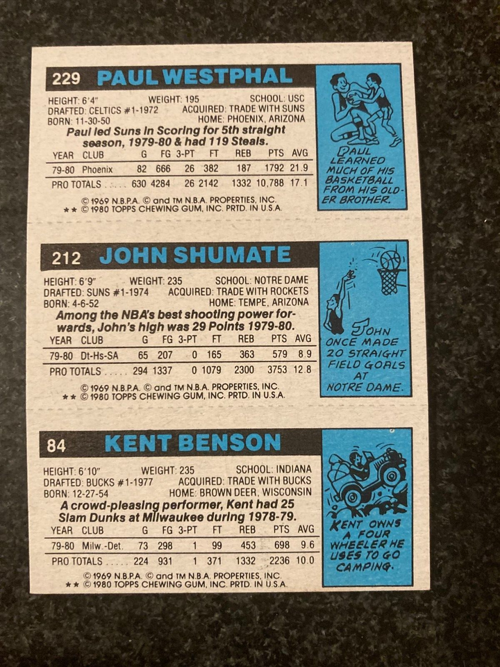 1980-81 Topps Basketball #84,212,229 Kent Benson John Shumate Paul ...