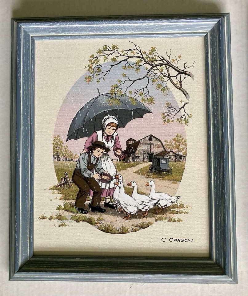 Folk Art Farmyard Canvas Prints Serigraph 8 x 10 Matching Frames Signed ...