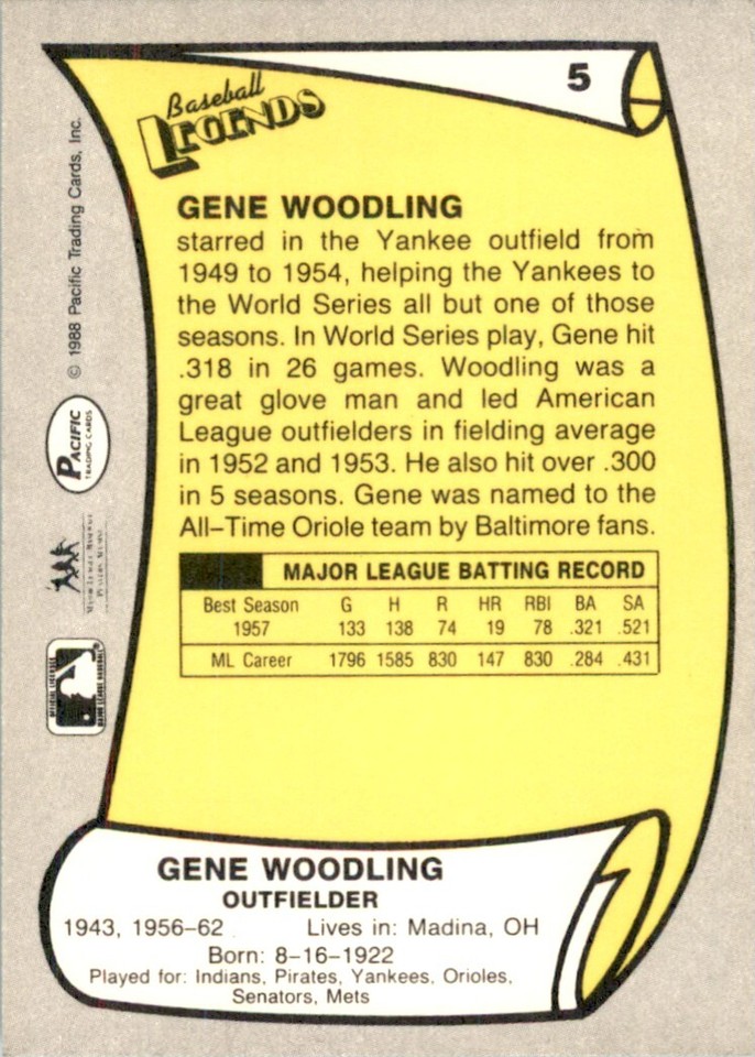1988 Pacific Legends Baseball Gene Woodling New York Yankees #5 | eBay