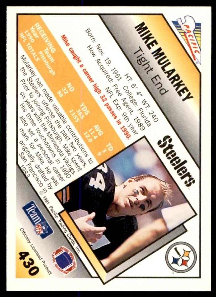 1991 Pacific Mike Mularkey . Pittsburgh Steelers #430 | eBay