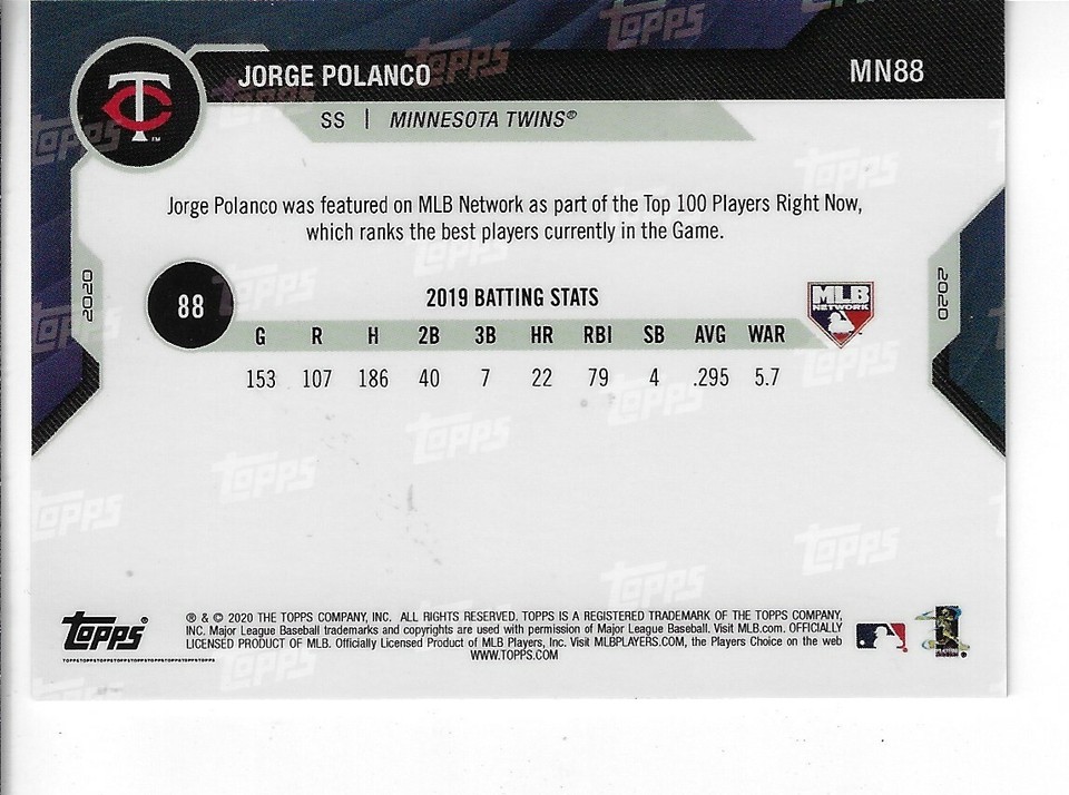 JORGE POLANCO 2020 TOPPS NOW MLB NETWORK TOP 100 CARD MN88 MINNESOTA ...