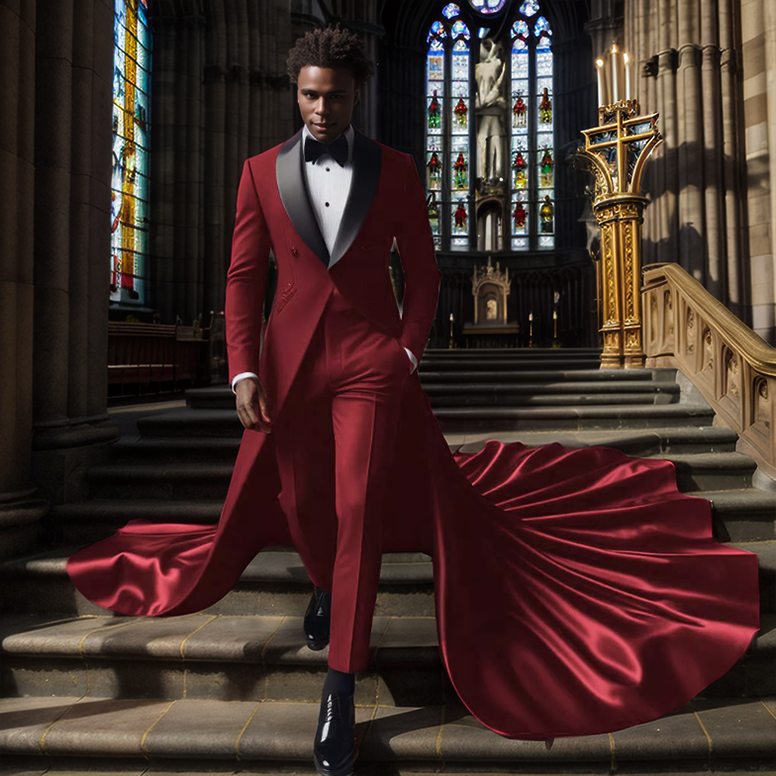 Men's Fashion Suits with Floor Length Cloaks Red Banquets Wedding Groom ...