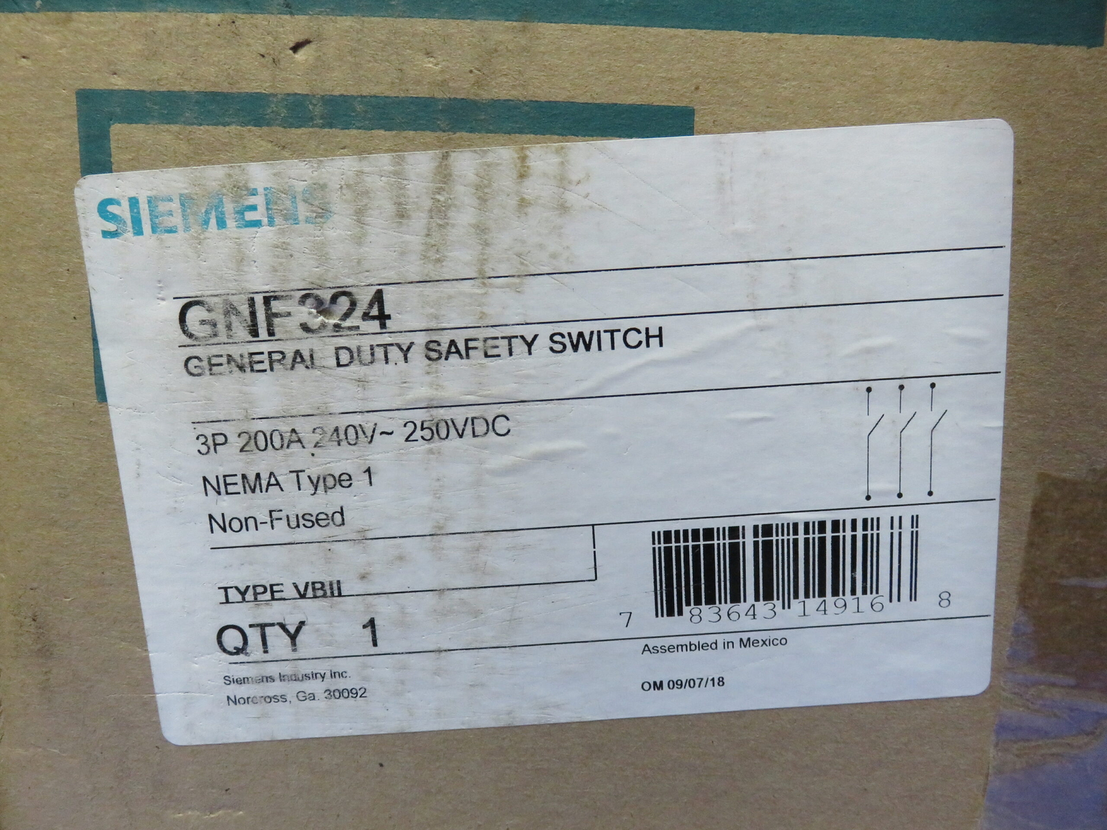 NIB SIEMENS DISCONNECT SWITCH GNF324 200A 240V 3P NON FUSIBLE 1 YEAR ...