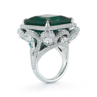 5Ct Emerald Cut Lab Created Green Emerald Cluster Womens Ring 14k White ...