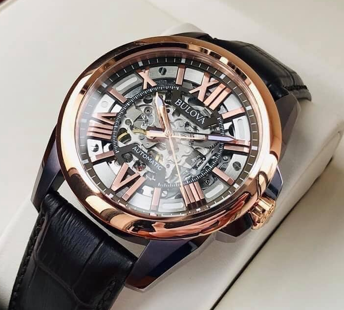 Bulova Rose Gold Sutton Automatic Skeleton Dial Leather Band Men's ...