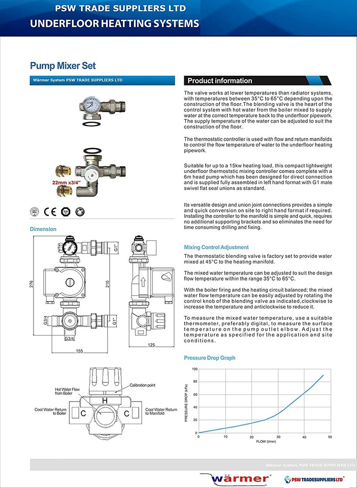 BLENDING VALVE FOR UNDERFLOOR HEATING MANIFOLD +2 x 22mmx3/4''M ...