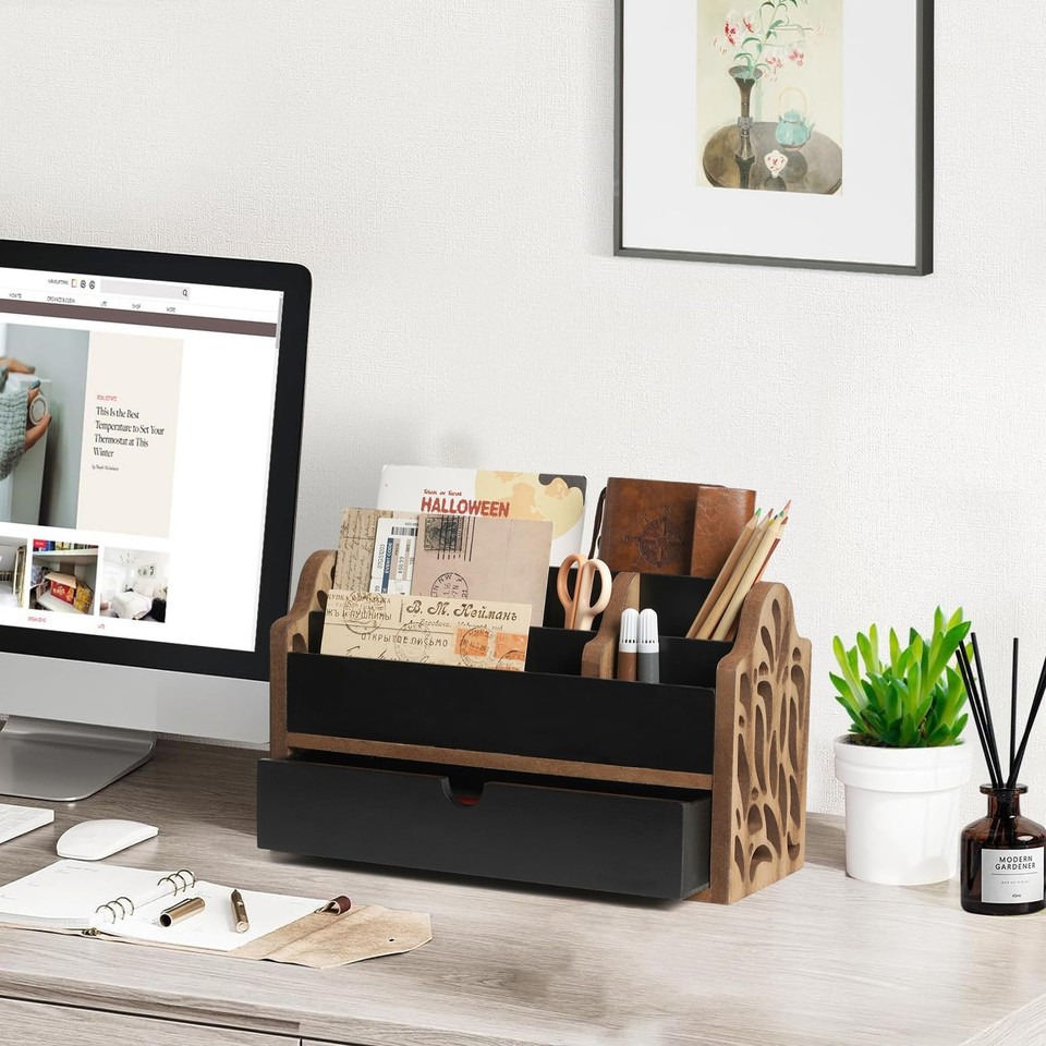 Desk Organizer with Drawer Wood File Office Organizer Countertop-5 Slot ...