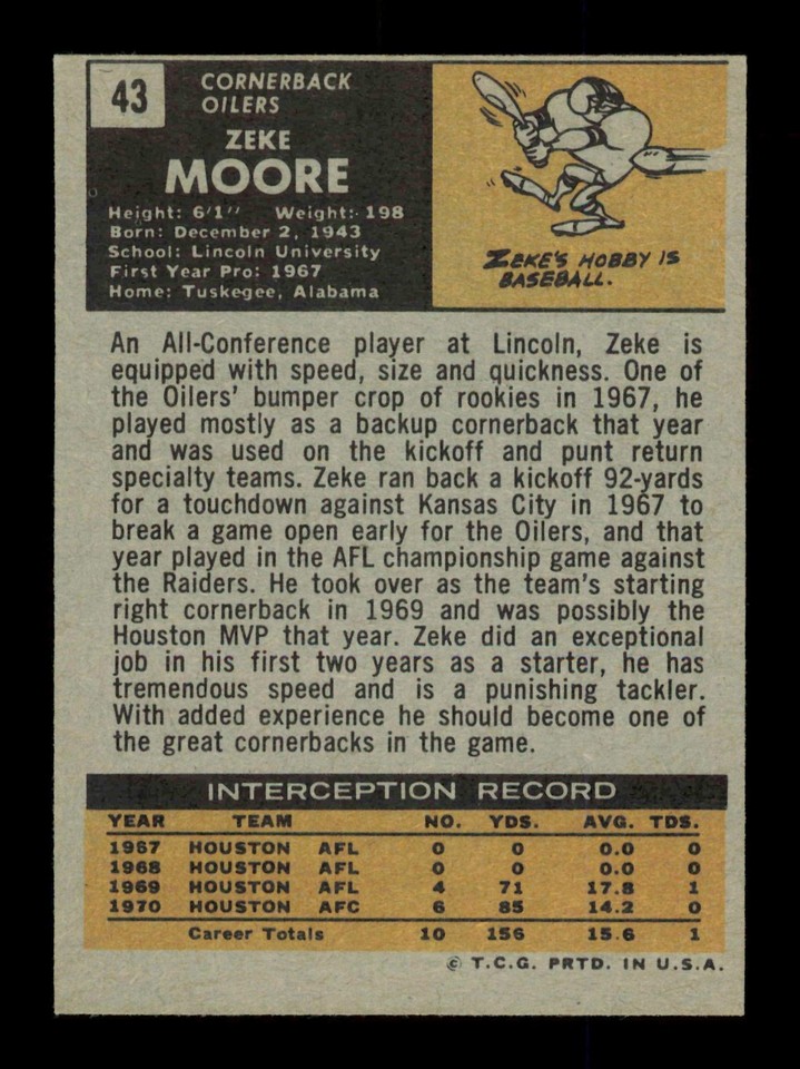 1971 Topps #43 Zeke Moore RC Houston Oilers EX | eBay