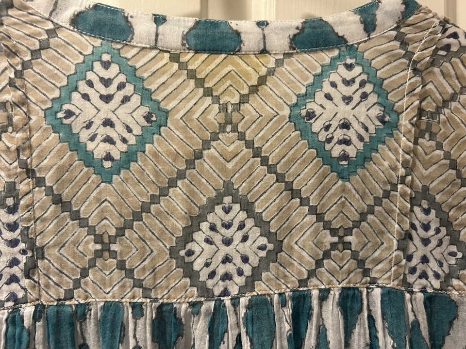 ROLLER RABBIT Diamond Serafina Fringe Tunic Top XXS-XS Turquoise White ...