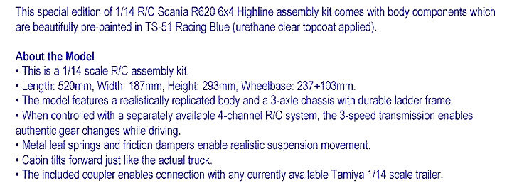TAMIYA RC 56327 Scania R620 Blue Edition Ltd 1:14 Truck Assembly Kit ...