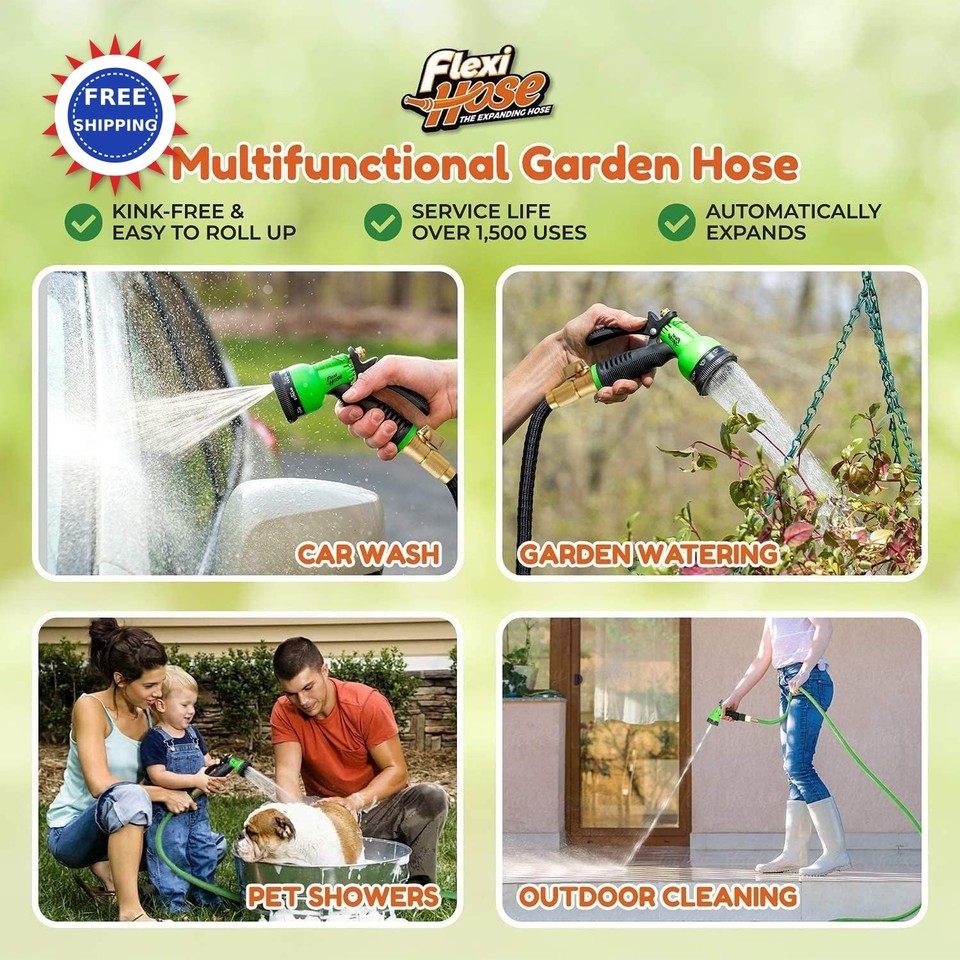 Flexi Hose with 8 Function Nozzle 100FT - Lightweight Expandable Garden ...